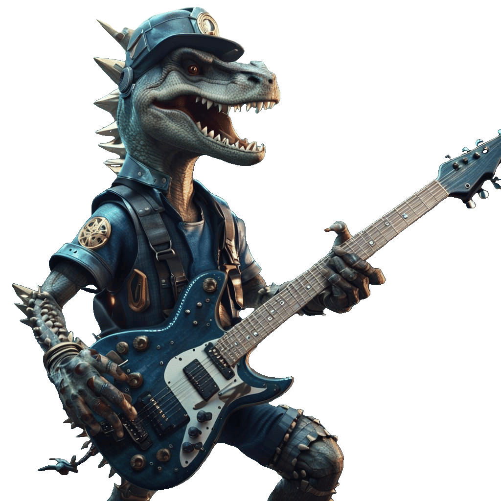 A spikey haired Punk rock dinosaur wearing a sailors cap on his head ...