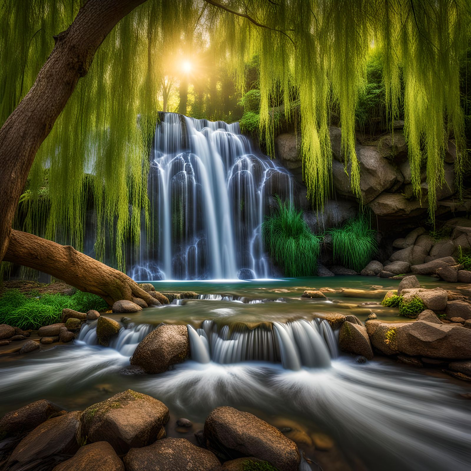 A beautiful idyllic waterfall surrounded by weeping willows, intricate ...