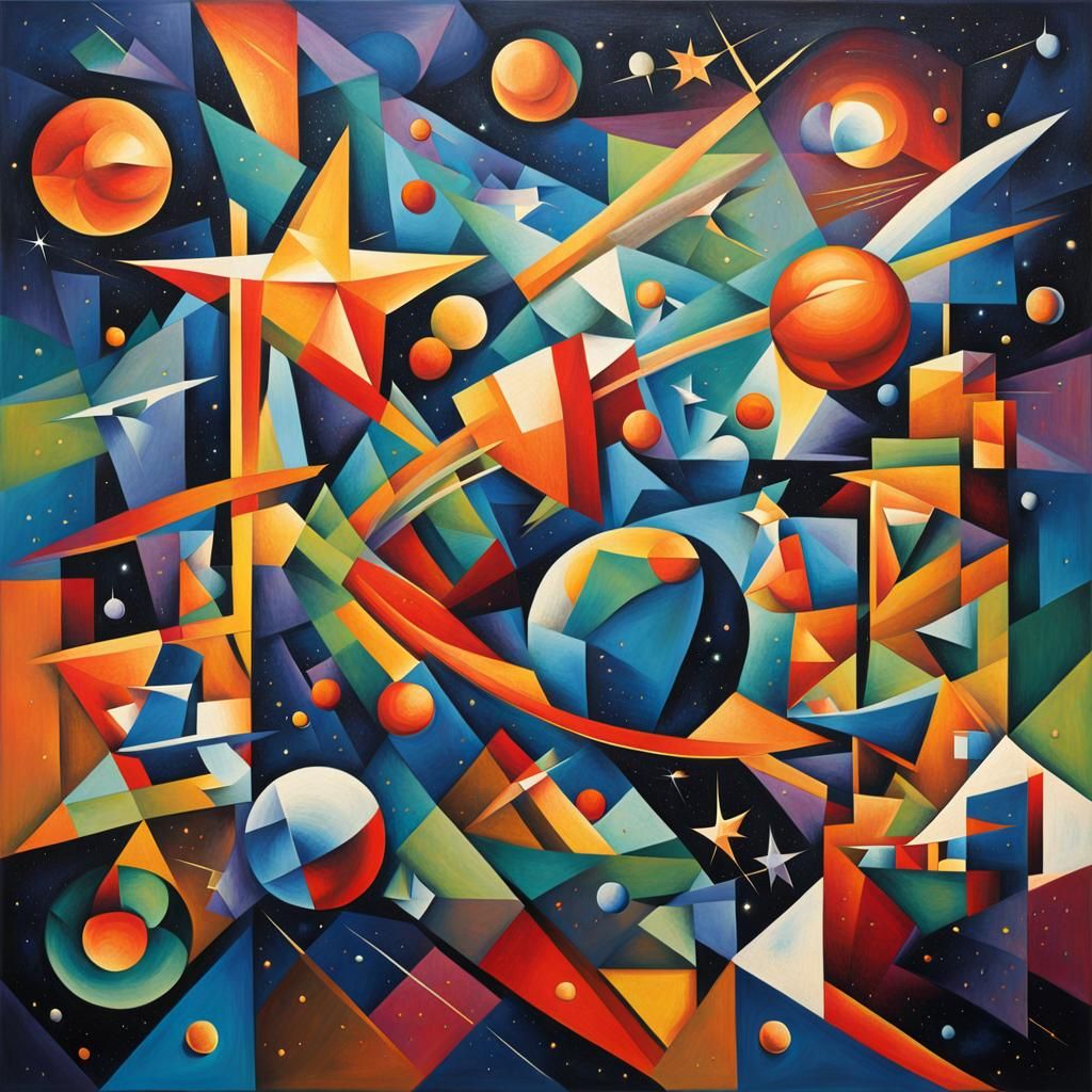 Planets & Stars - Vibrant Galaxy Unfolds in Cubist Splendor