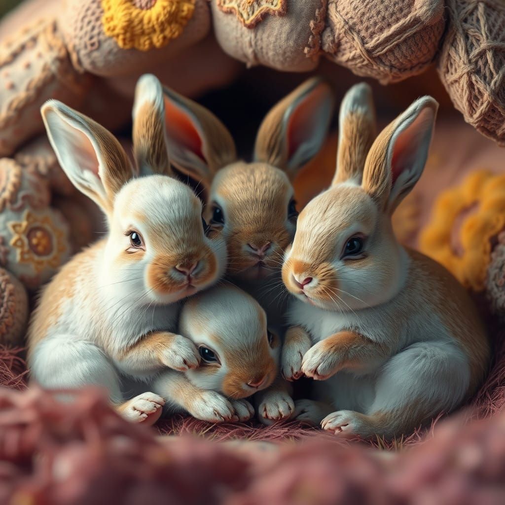 rabbits cuddling together - Rabbits in Whimsical Cozy Scene