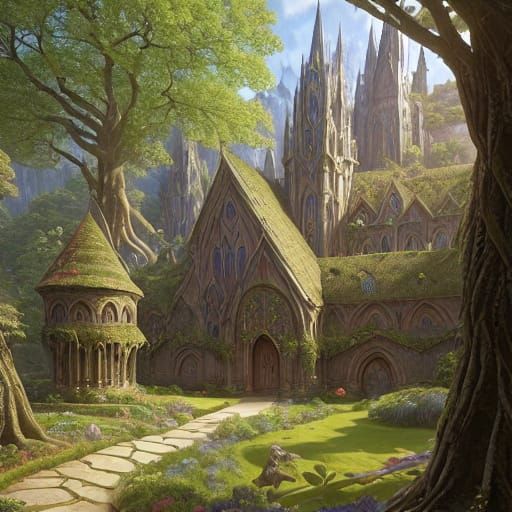 Ethereal Elvish Library in Whimsical Forest Glade - AI Art