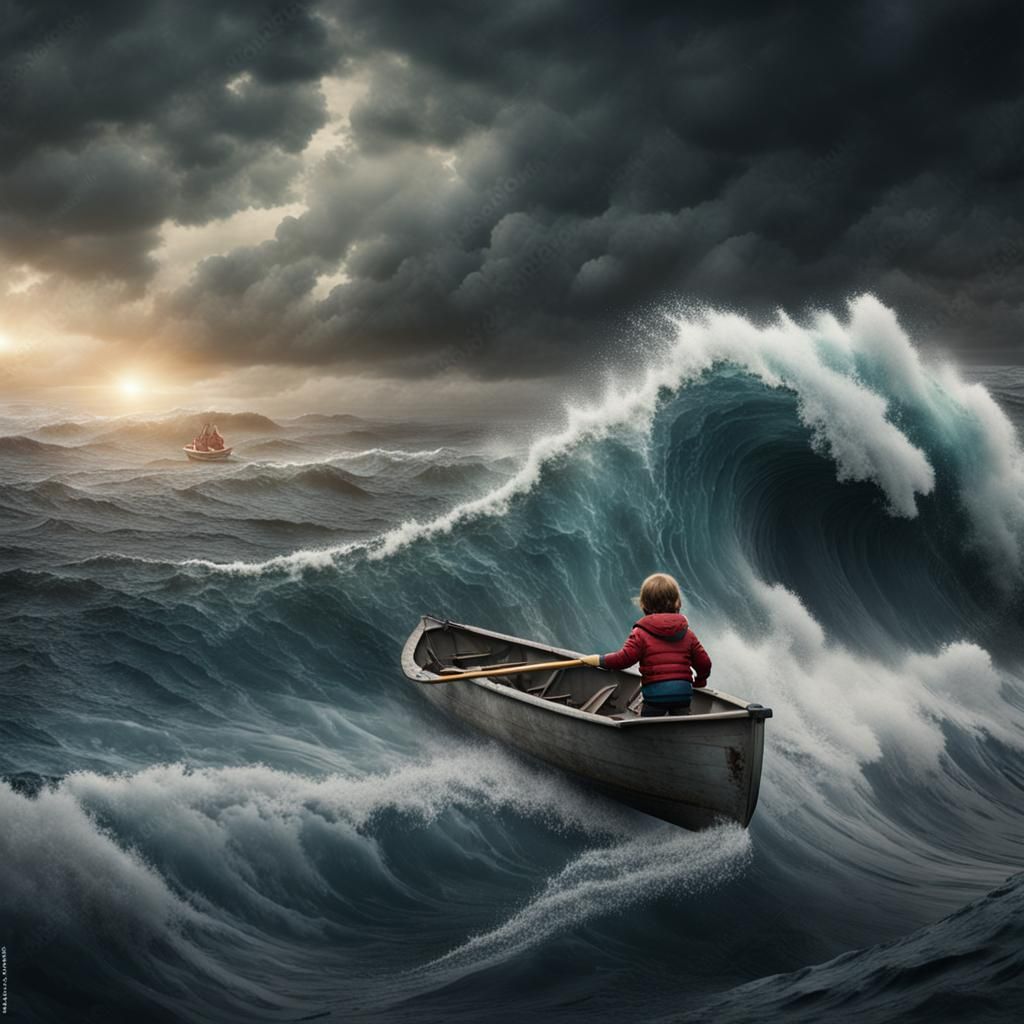 Little child and her rowing boat floats on the top of a huge wave in a ...