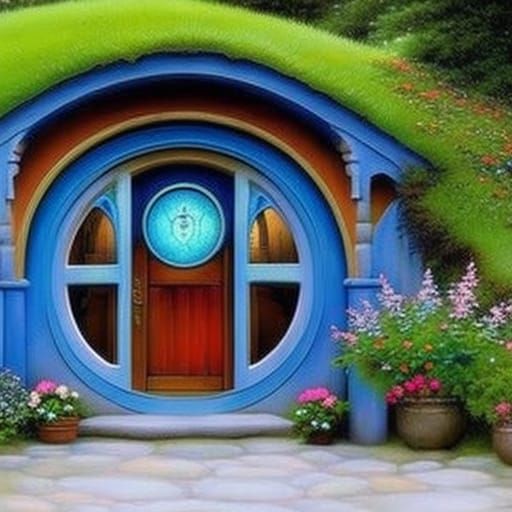 Beautiful hobbit house with Circular blue door& Circular blue windows ...