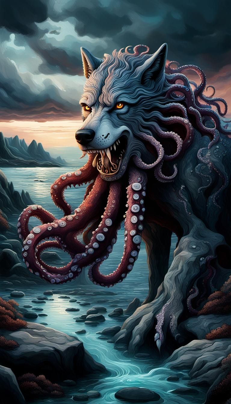 A dramatic and surreal scene showing a giant wolf and a giant octopus ...