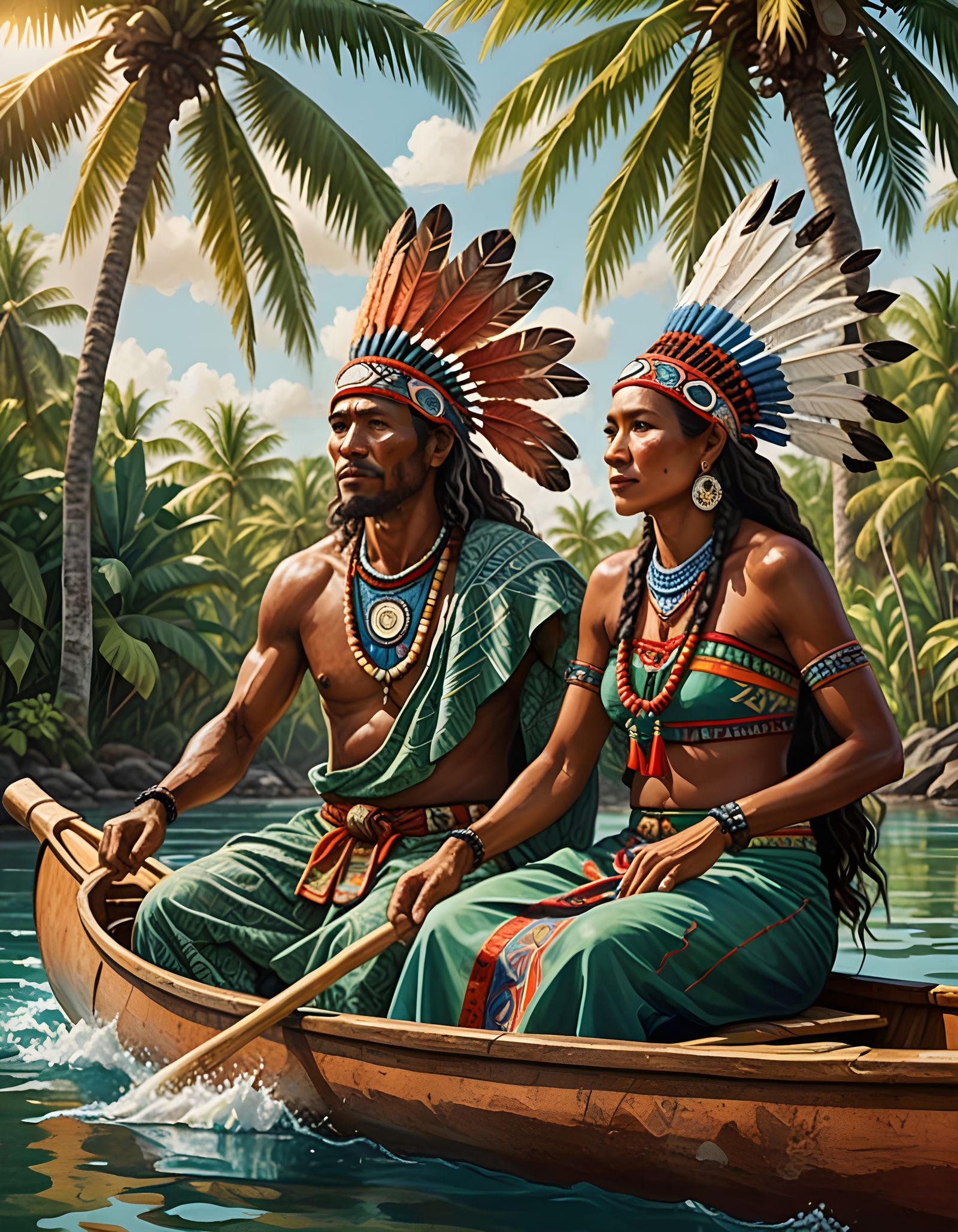 Taino Couple in Traditional Headdress on Tropical ... - AI Art