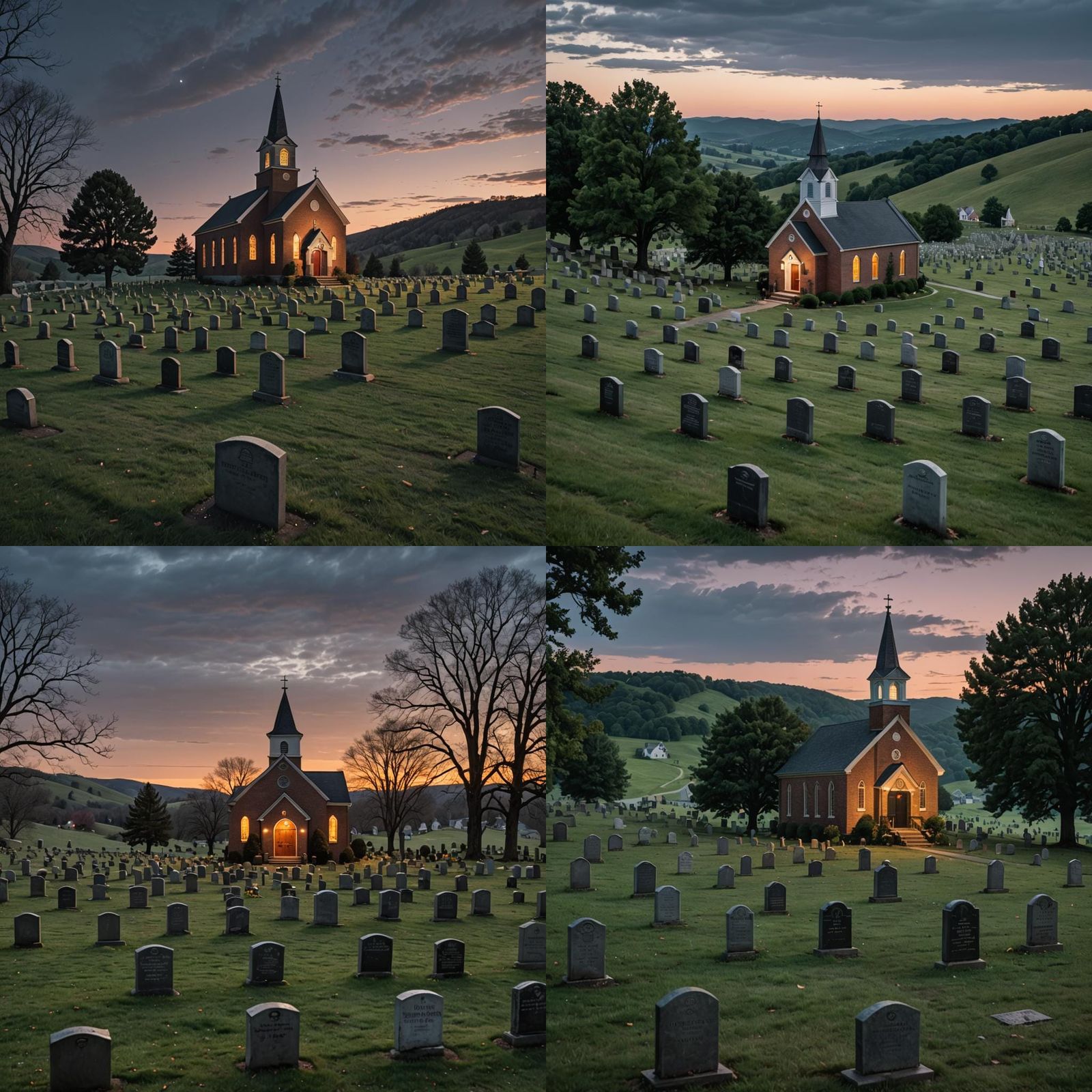 A small brick church sitting at the bottom or rolling hills cover with ...