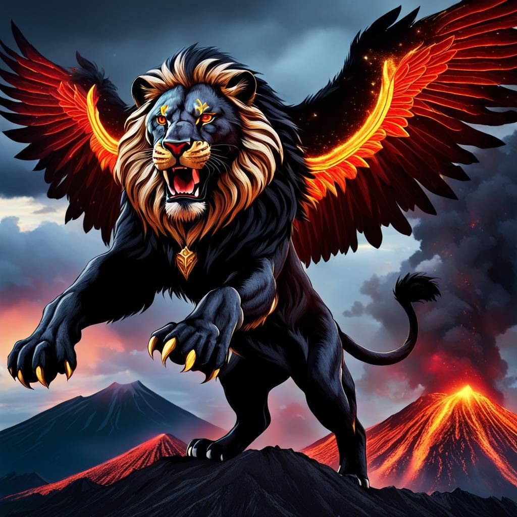 Fierce Black Lion with red and gold wings soaring over a volcano ...