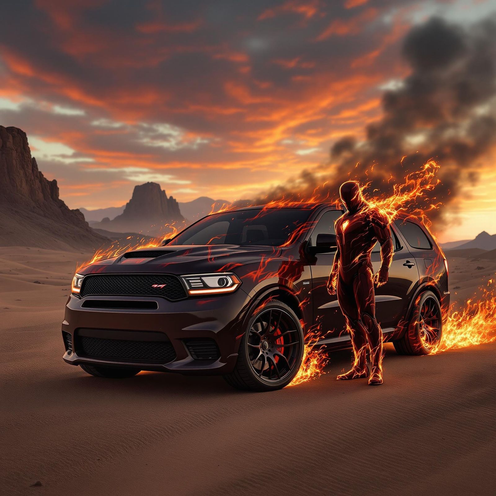 Heroic Human Torch Beside Blazing Dodge Durango He... - AI Art