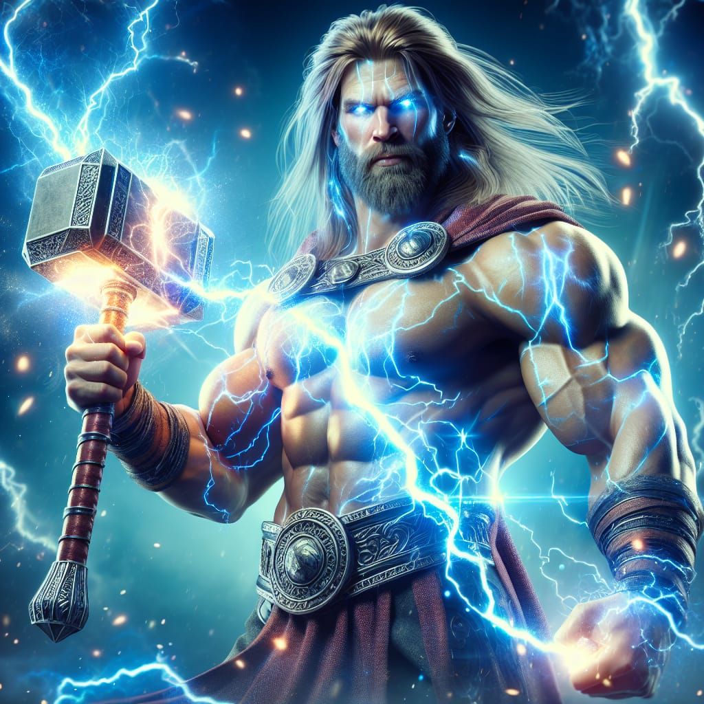 Thor with lightning around him and lightning on his eyes, action scene