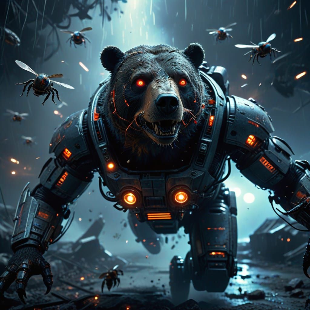 Cyberpunk Space Bear Battles Through Hive Nebula - AI Art