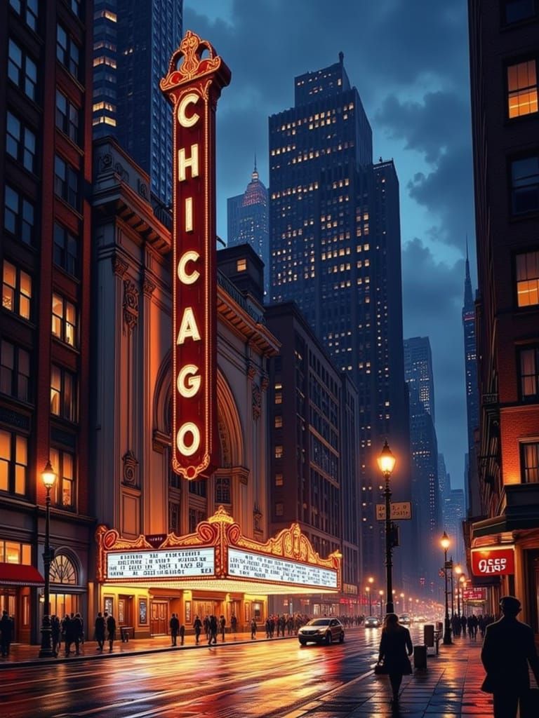 Surreal Cityscape at Chicago Theatre with Modern B... - AI Art
