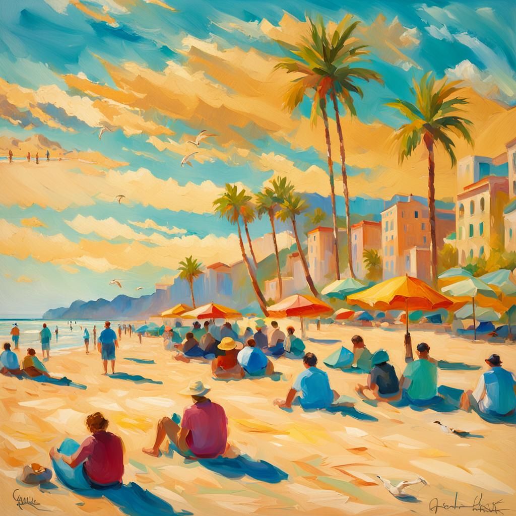 Impressionist Beach Scene with Vibrant Umbrellas a... - AI Art