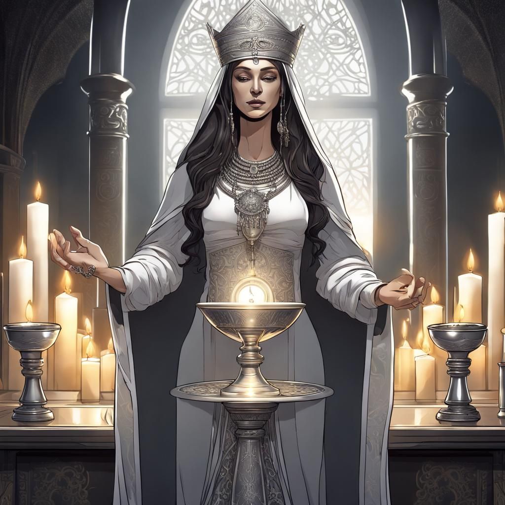 A detailed 3/4 angled illustration of The high priestess, standing at ...