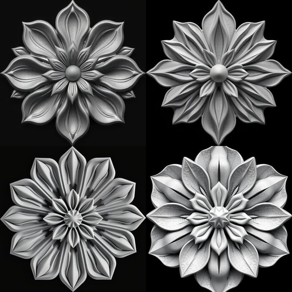 /imagine A grayscale, orthogonal, front-view depth map of a flower shape. The image depicts ...