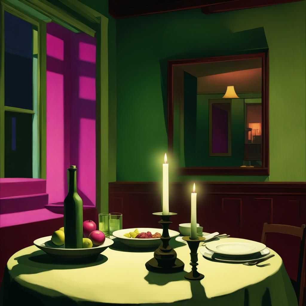 Candlelit Dinner Edward Hopper green and magenta cubist dye-transfer dynamic lighting CryEngine ...