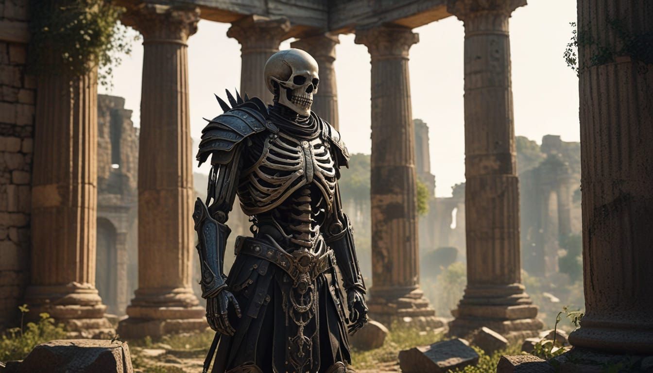 Skeleton Warrior Triumphs in Ancient Ruins - AI Art
