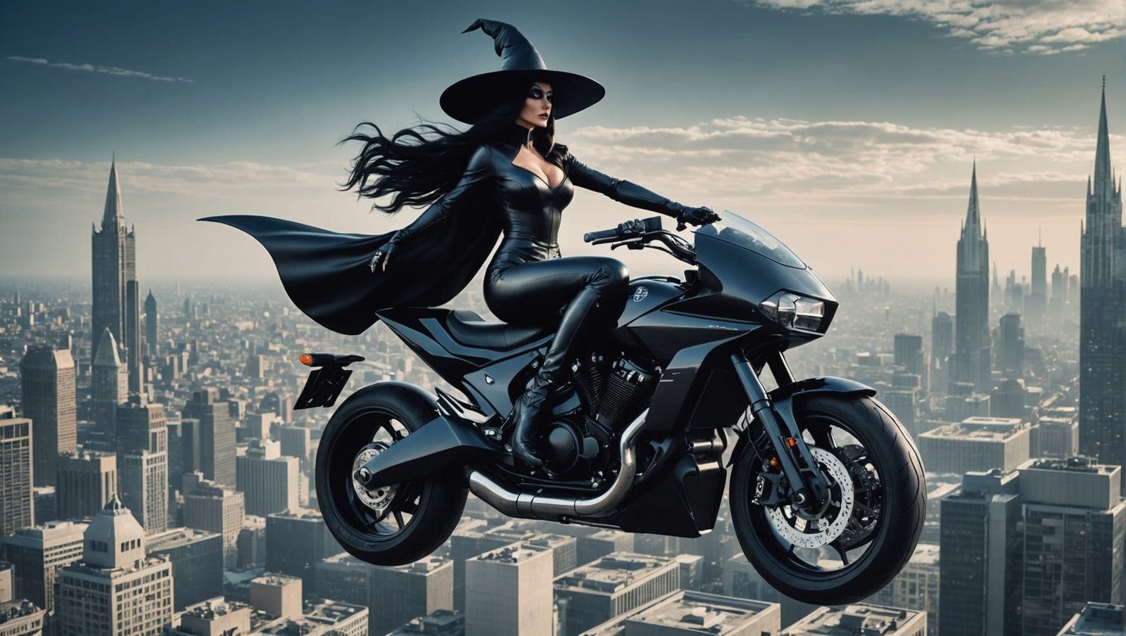 A captivating and surreal photo of a witch astride a sleek, modern ...