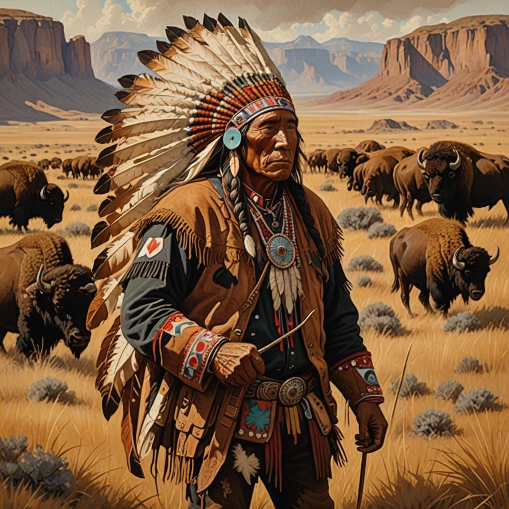Majestic Buffalo-Creature Chief in Traditional Reg... - AI Art