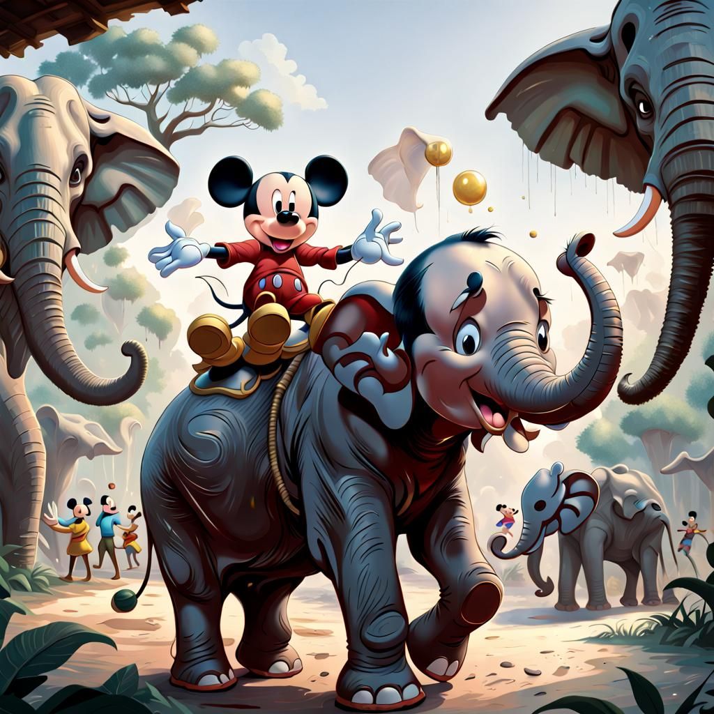 Mickey Mouse riding on a elephant in Disney 8k resolution concept art ...