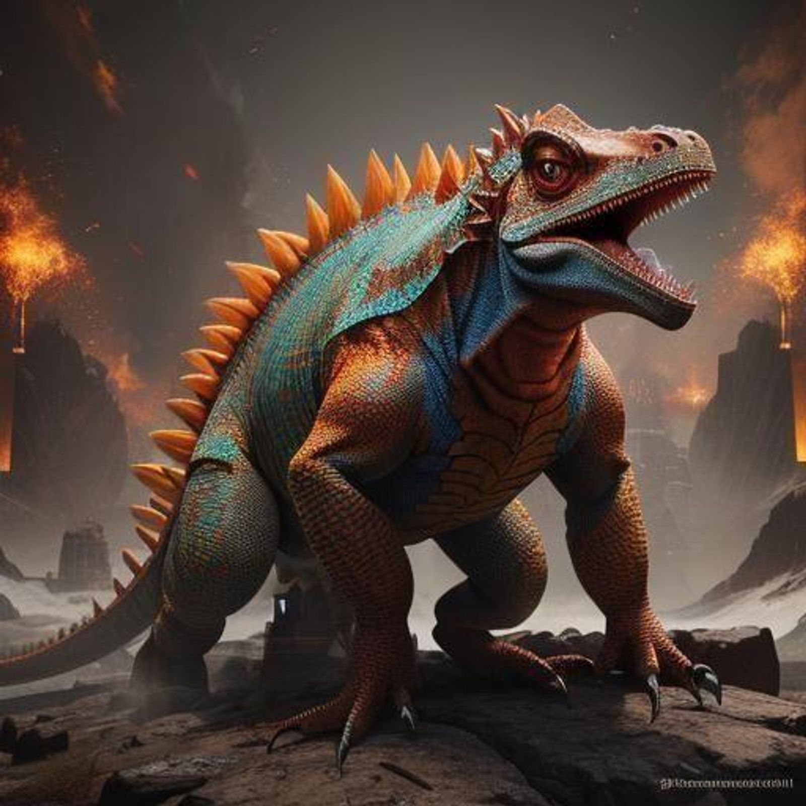 A Quadrupedal behemoth, a large, powerful chameleon dinosaur with a ...