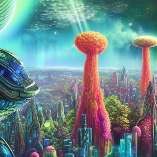Psychedelic alien cityscape with flora - AI Generated Artwork ...