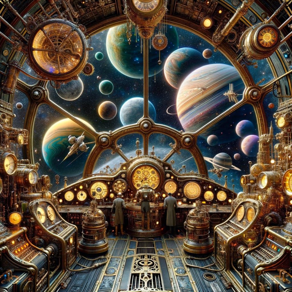 Steampunk astronauts piloting inside a spaceship cockpit...