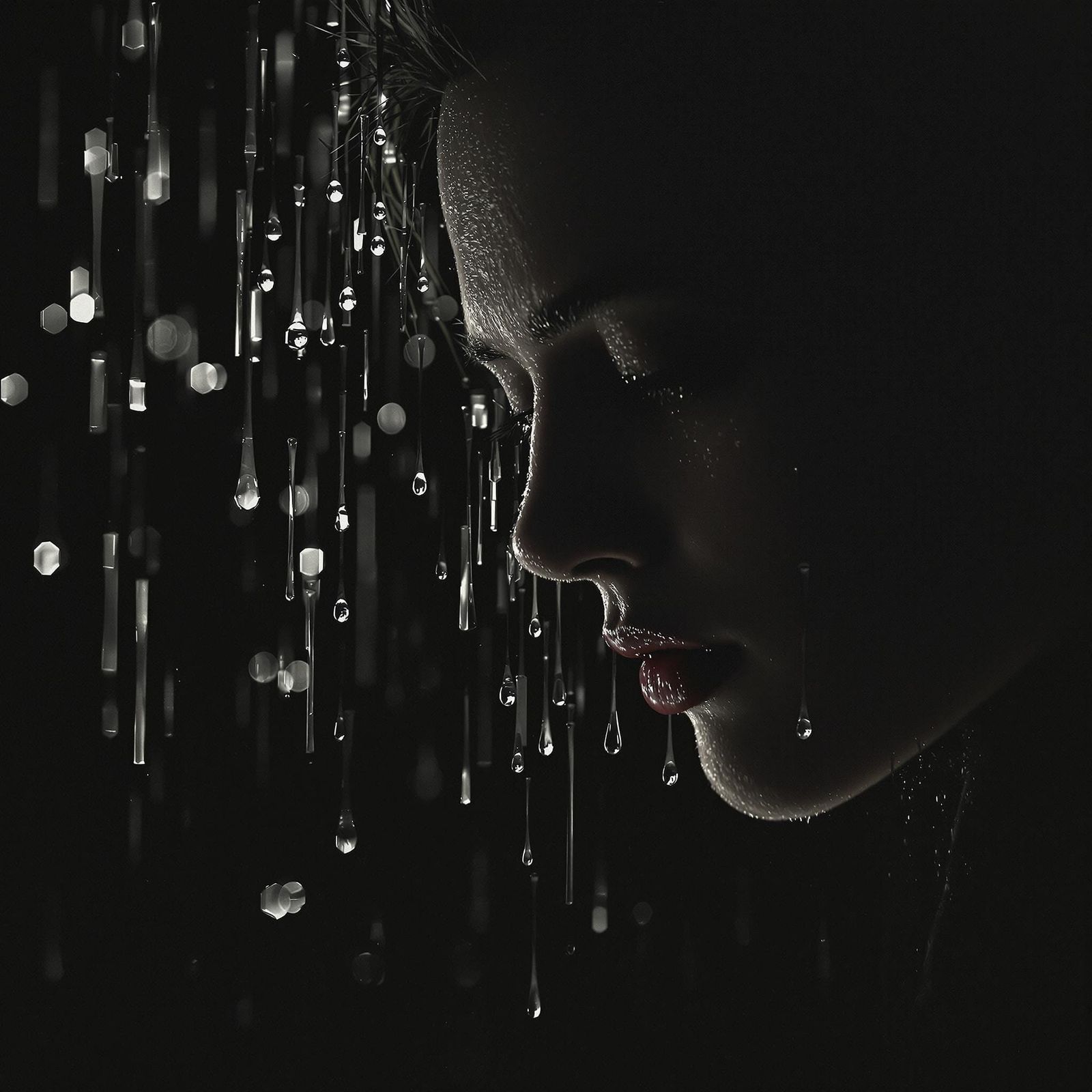 teardrops falling cloaked in the shadows, subtle emotions