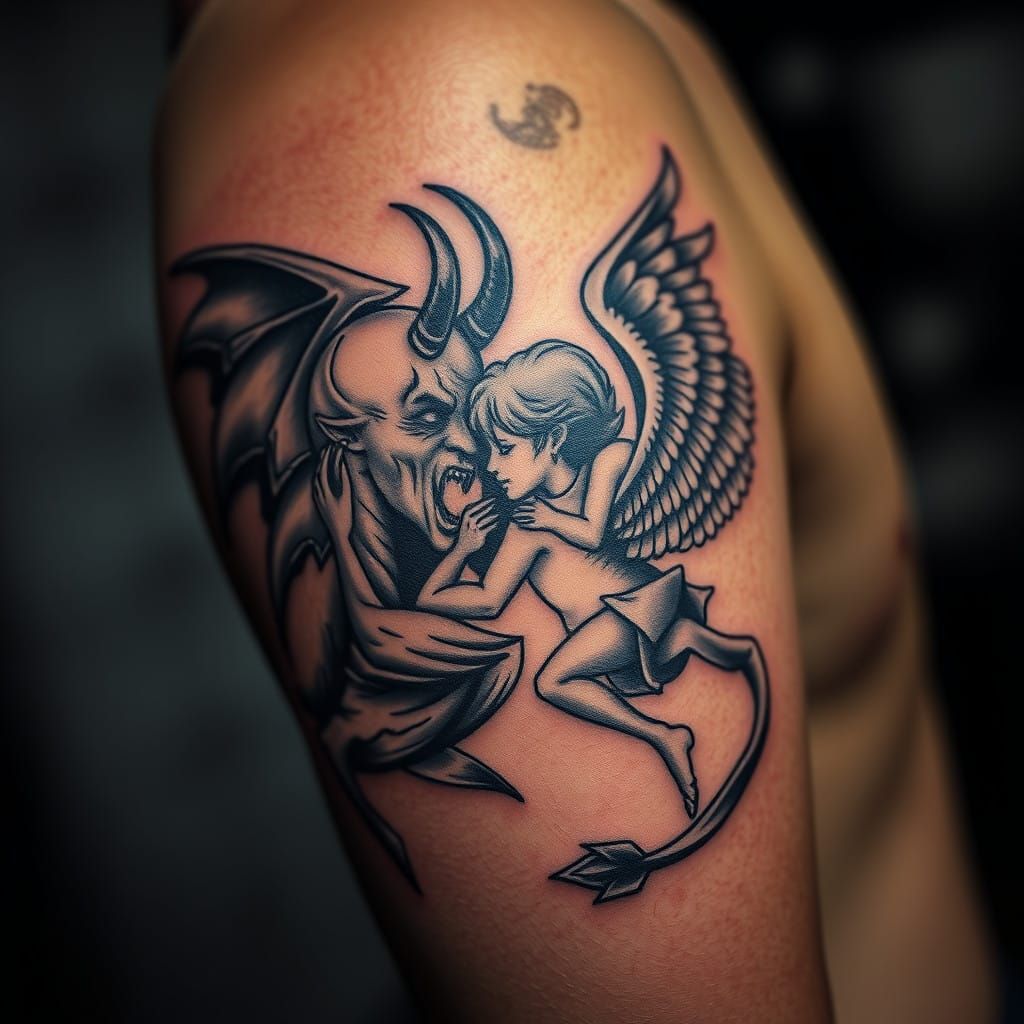 Demon and Angel Engage in Epic Tattooed Wrestle - AI Art