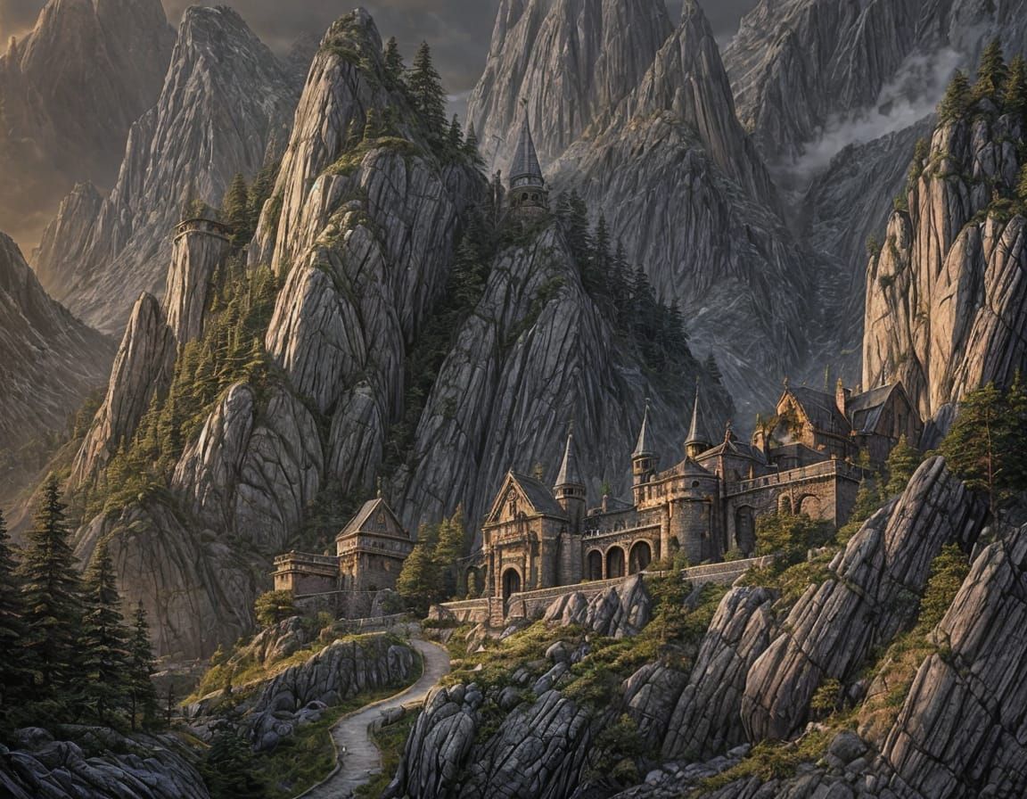 Dwarven Citadel of Craghorn Gate in Golden Sundown... - AI Art