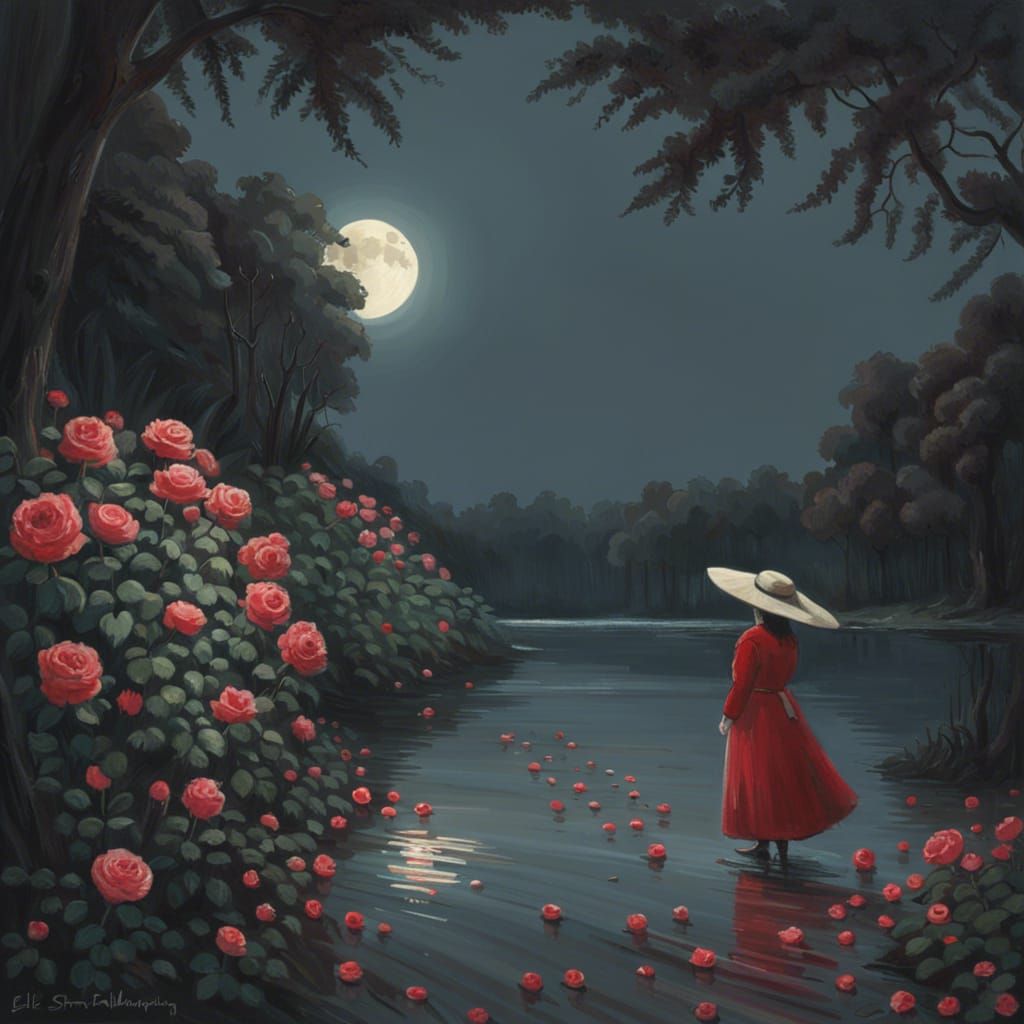 Une dame brune sous le clair de la lune. La dame est paree de fleurs et ...