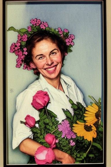 A portrait of a happy smiling female bank teller surrounded by flowers ...