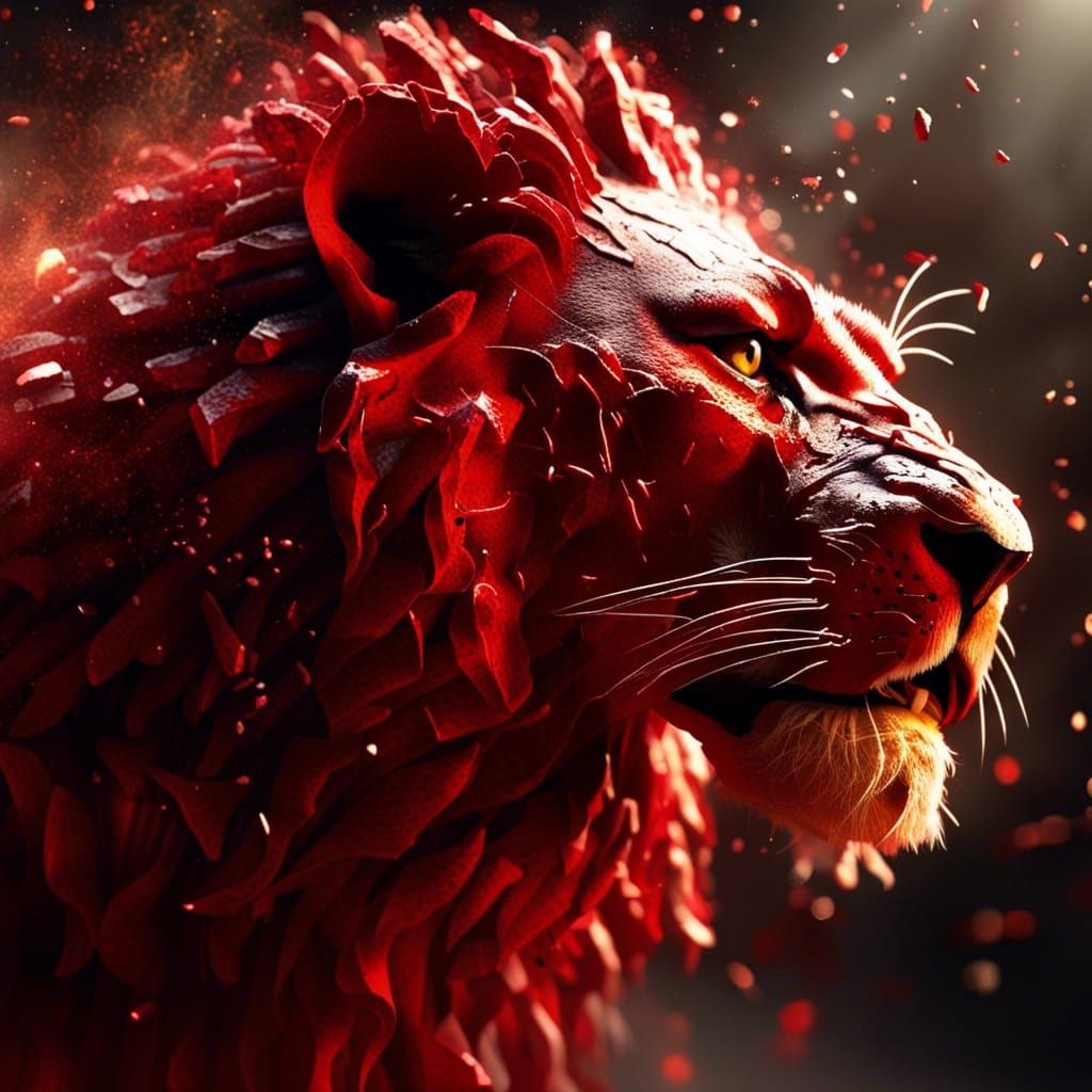 photorealistic final render of an epic lion warrior disintegrated onto ...