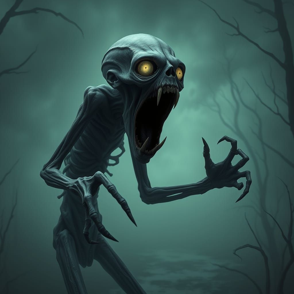 Ethereal Horror Figure in Desolate Swamp Landscape - AI Art