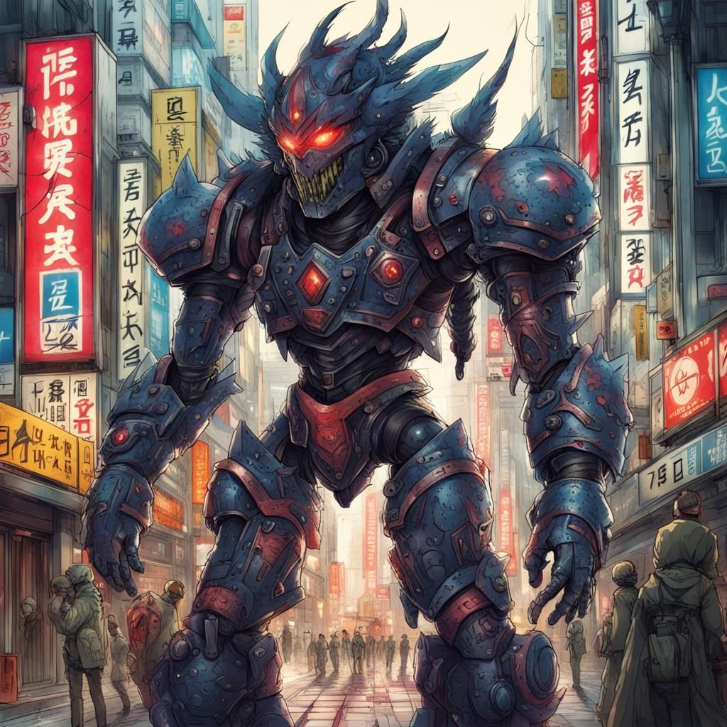 Futuristic monster in Tokyo, highly detailed armor, vintage anime ...