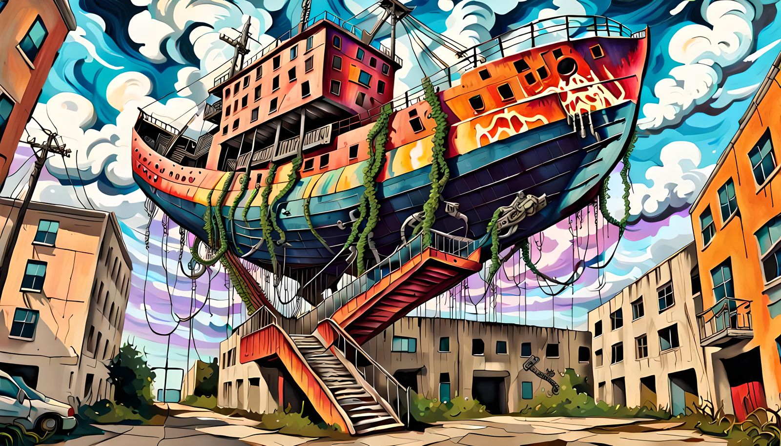 Upside down gravity graffiti ship on land wires giant staircase around ...