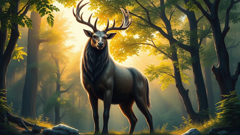 Majestic Elf-Stag Emerging from Middle-earth Fores... - AI Art