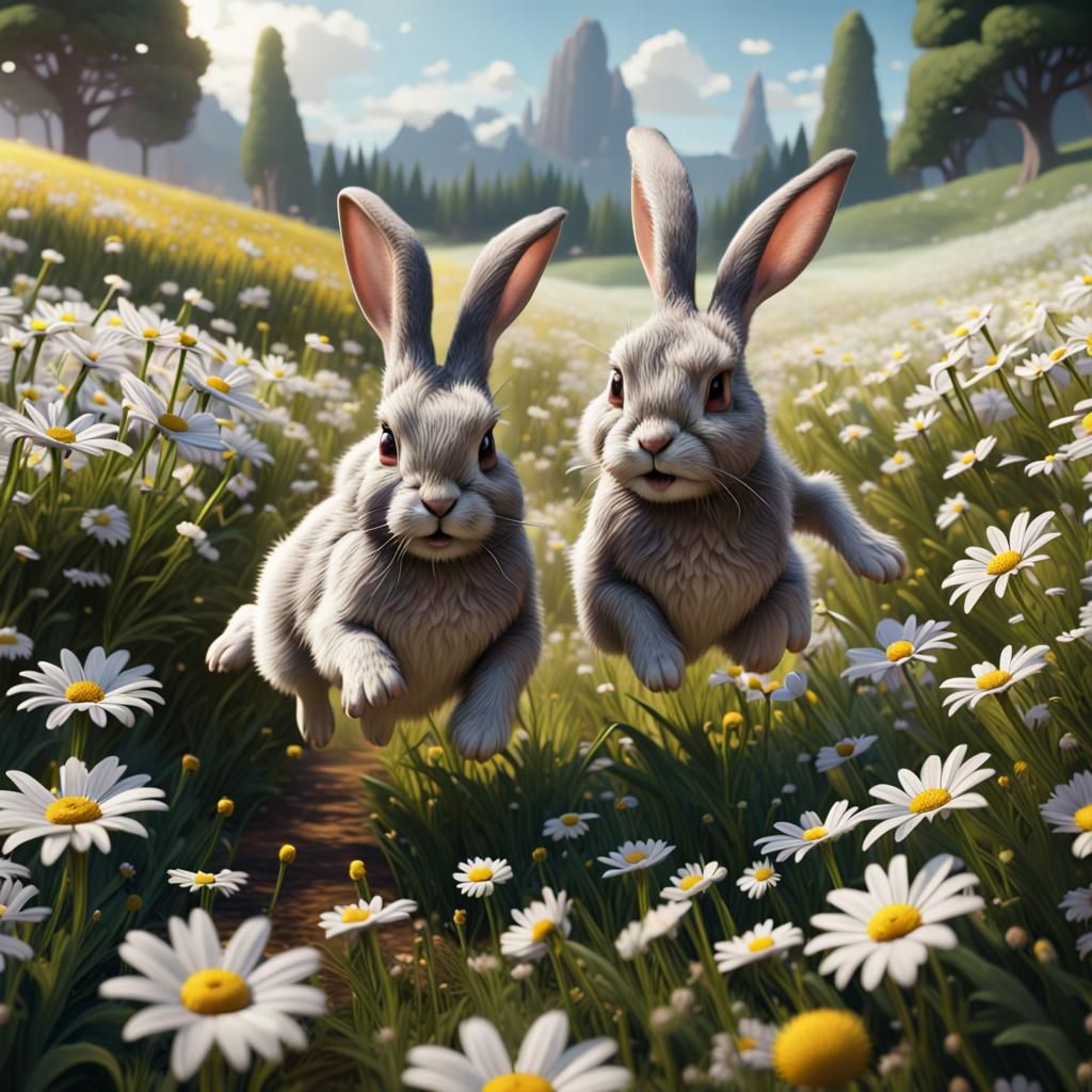 Rabbits hopping in a field of daisies - AI Generated Artwork ...