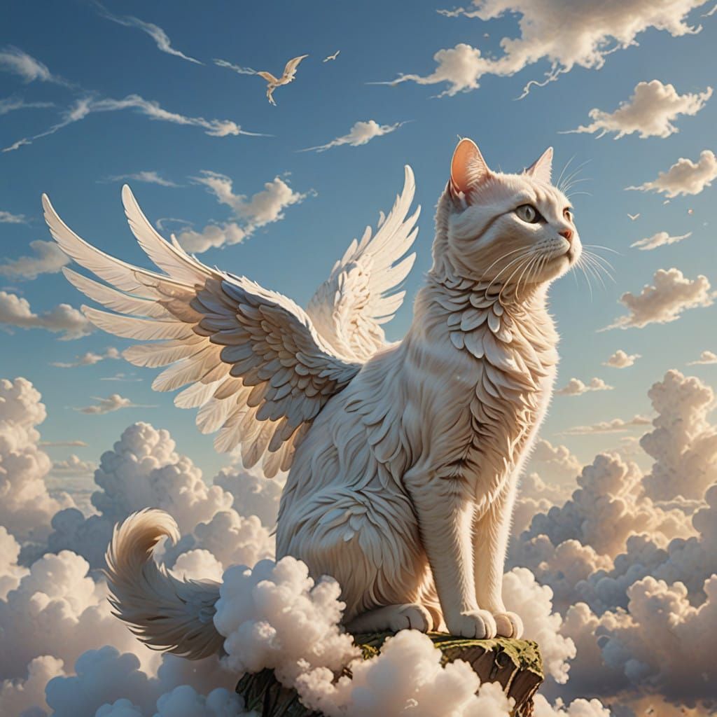 Surreal Ethereal Cat with Angel Wings, Rendered in... - AI Art