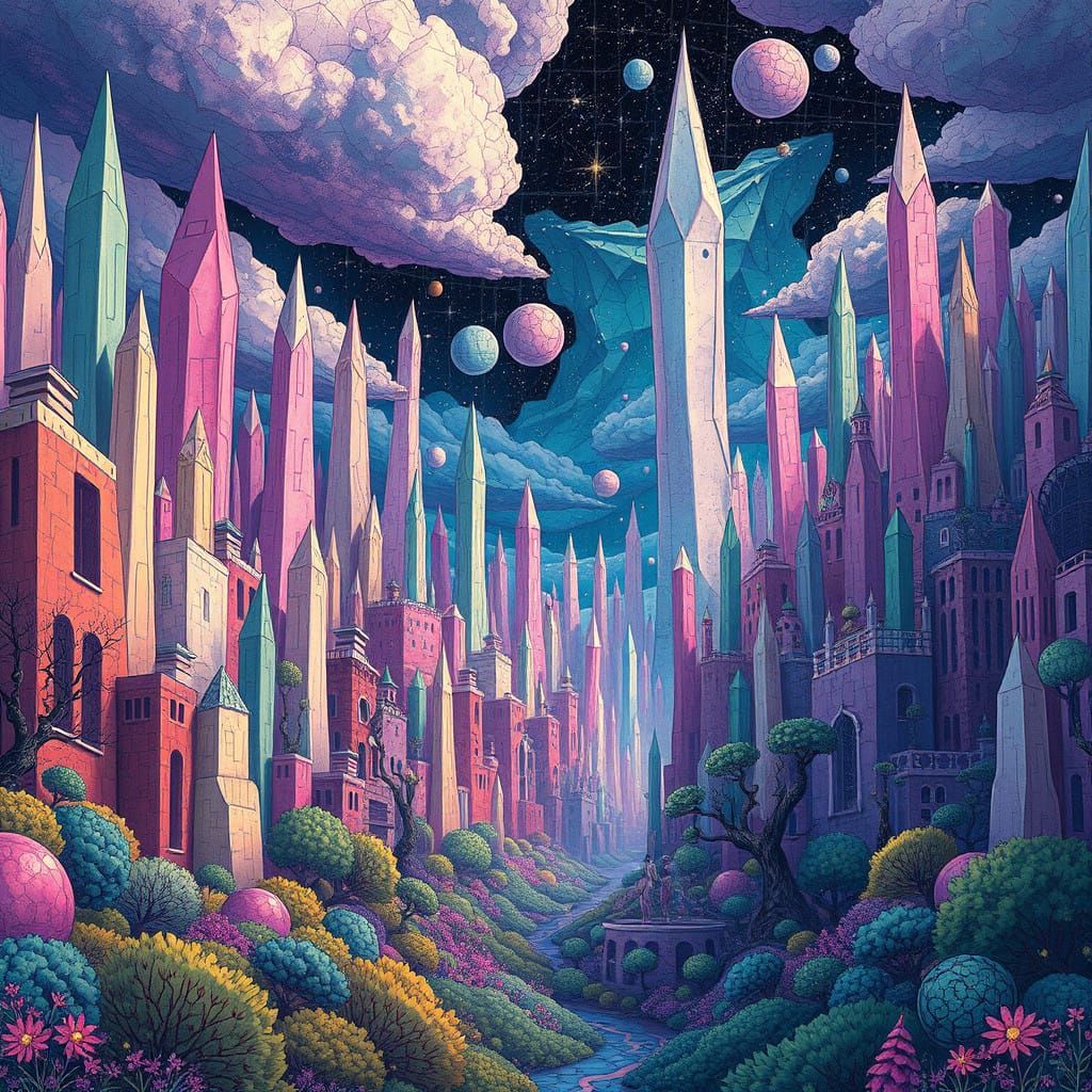 Psychedelic cityscape forest Pastel crystals, child's drawing creepy, ¿what is the answer to our ...