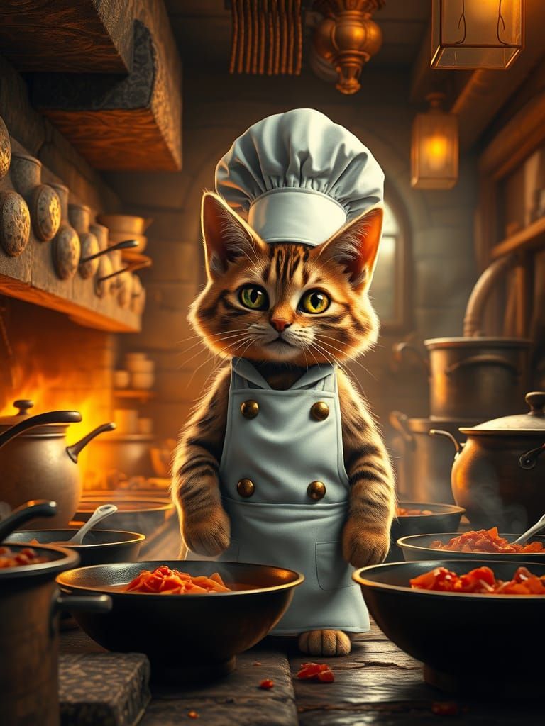 Whimsical Feline Chef in Vibrant Kitchen Scene - AI Art