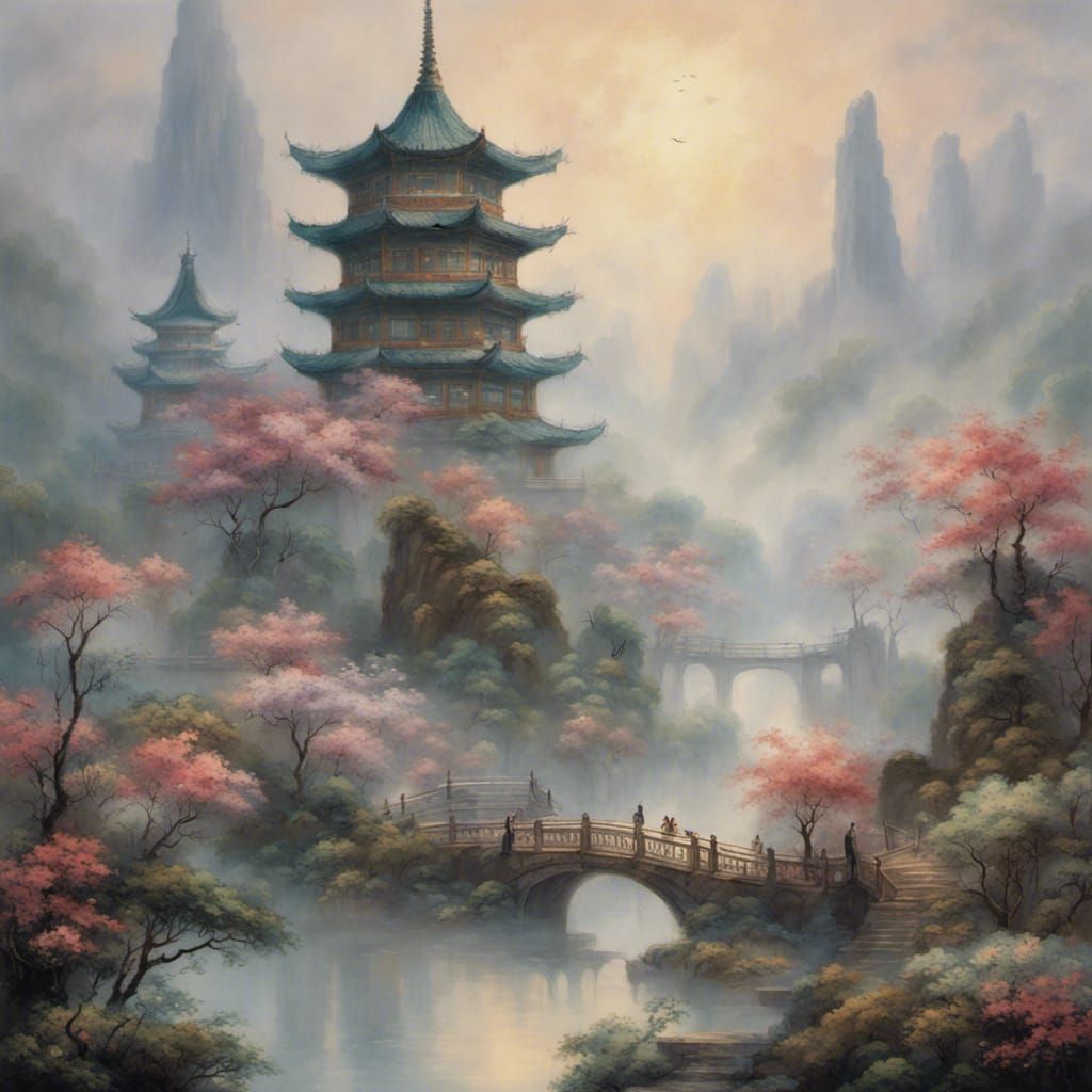 traditional Chinese painting: Auspicious Pattern Lotus Tower - AI ...