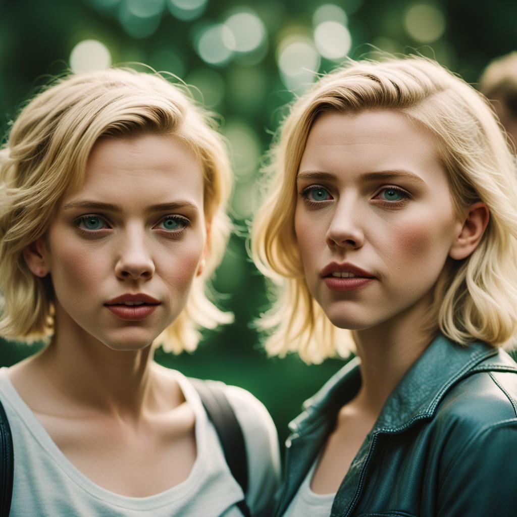 Close up, DUALITY, twin blonde woman , (remember Scarlett Johansson:1,5)one always cheerful ...