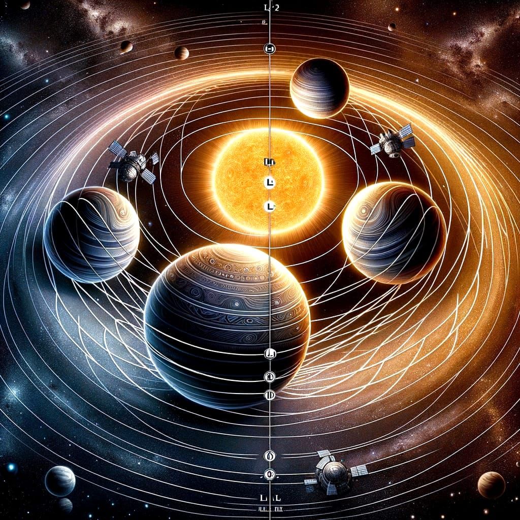 The five Lagrange points (L1, L2, L3, L4, L5)