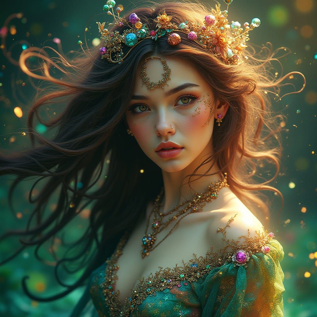 Earth Goddess Gaea in Vibrant Rainbow Dress with G... - AI Art