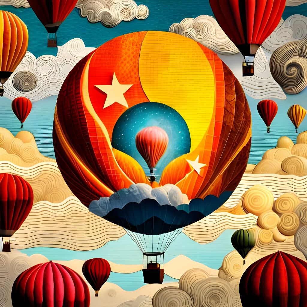 HD 3D Render Collage landscape, hot balloons, sun, moon, stars, clouds ...