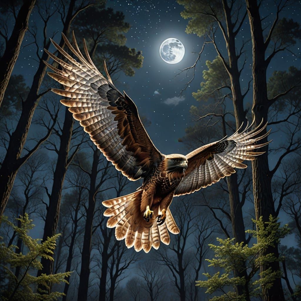 Magnificent Hawk Flying thru the Night