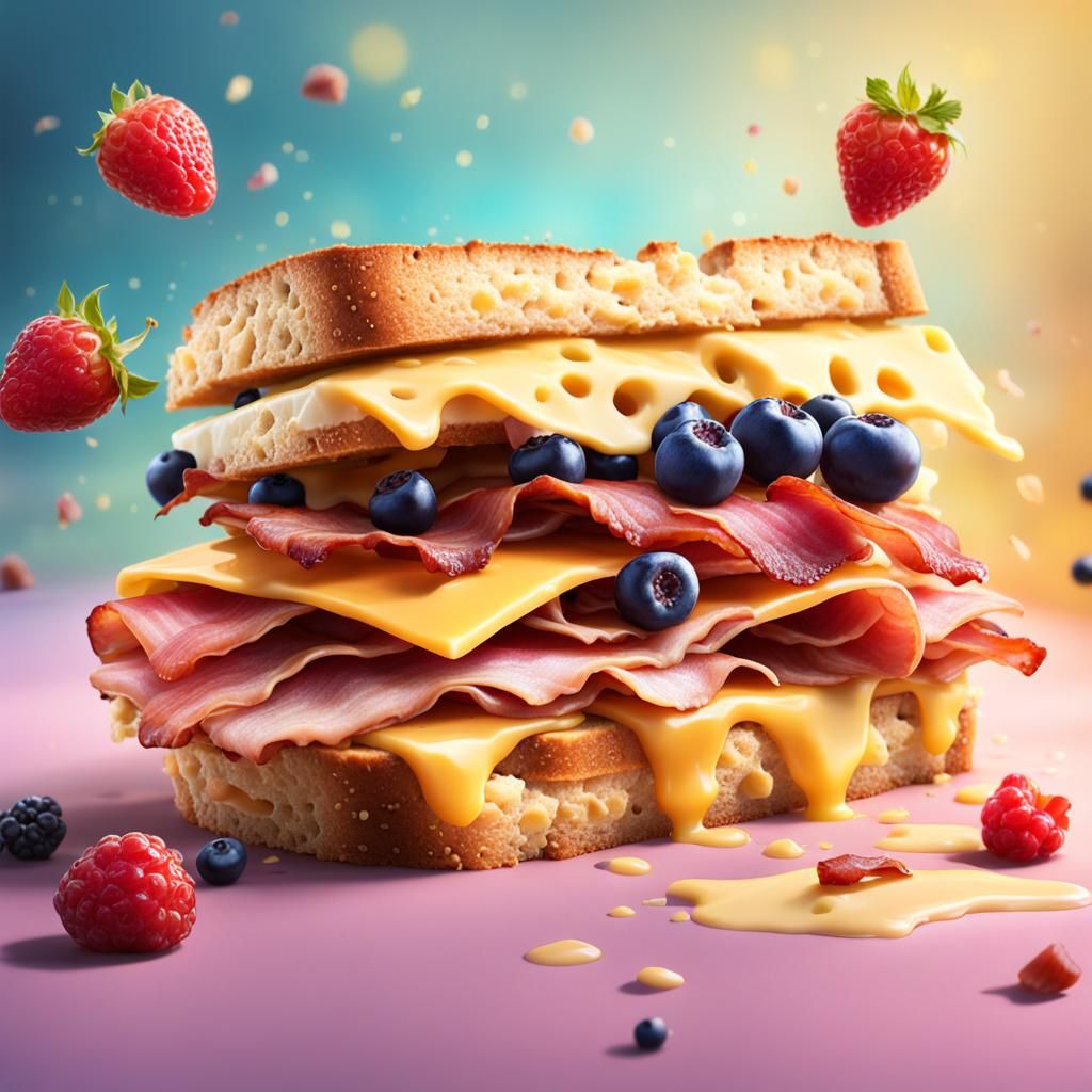 decadent delicious sandwich, ham, cheese, bacon, assorted juicy berries ...