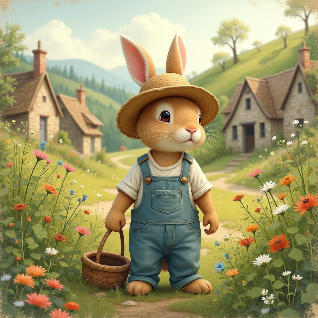 Serene Rabbit Tending Garden in Idyllic Village - AI Art