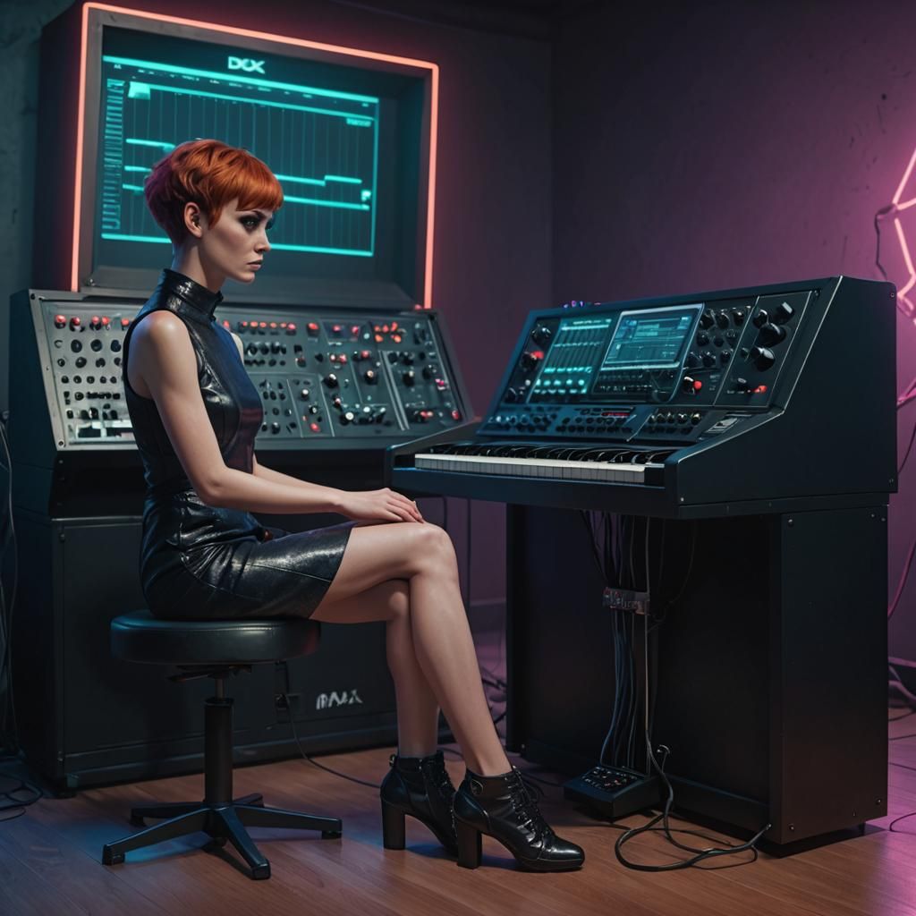 Barefoot redhead girl with a pixie cut sitting at a DX7 synthesizer ...
