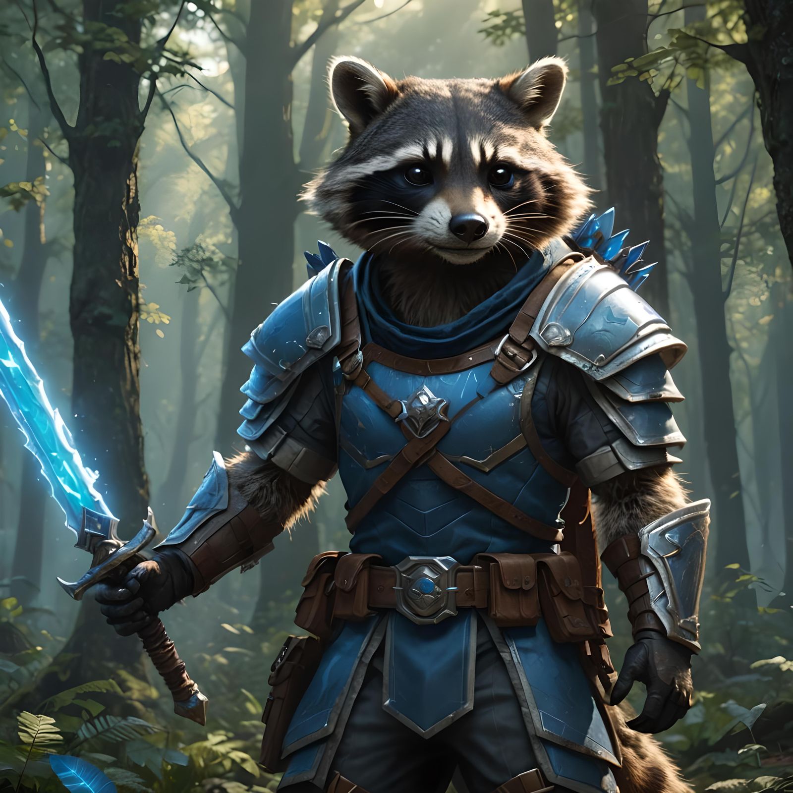 Male Raccoon ranger with grey armor and a glowing blue sword in a ...